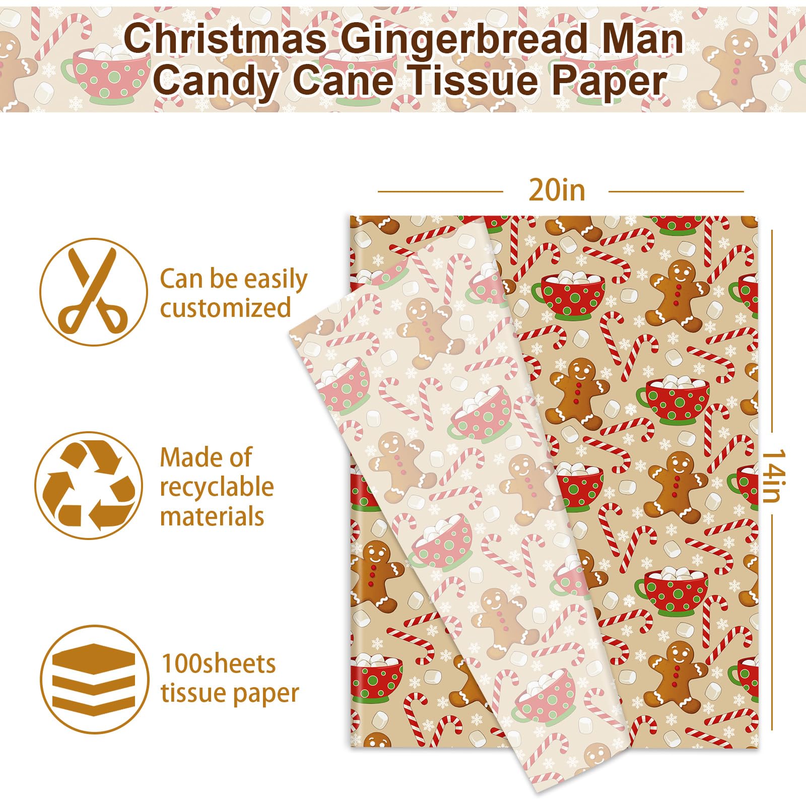 JarThenaAMCS 100 Sheets Christmas Tissue Paper Gingerbread Man Candy Cane Art Tissue Wrapping Paper for Xmas Winter DIY Crafts Gift Packing, 14 x 20 Inch