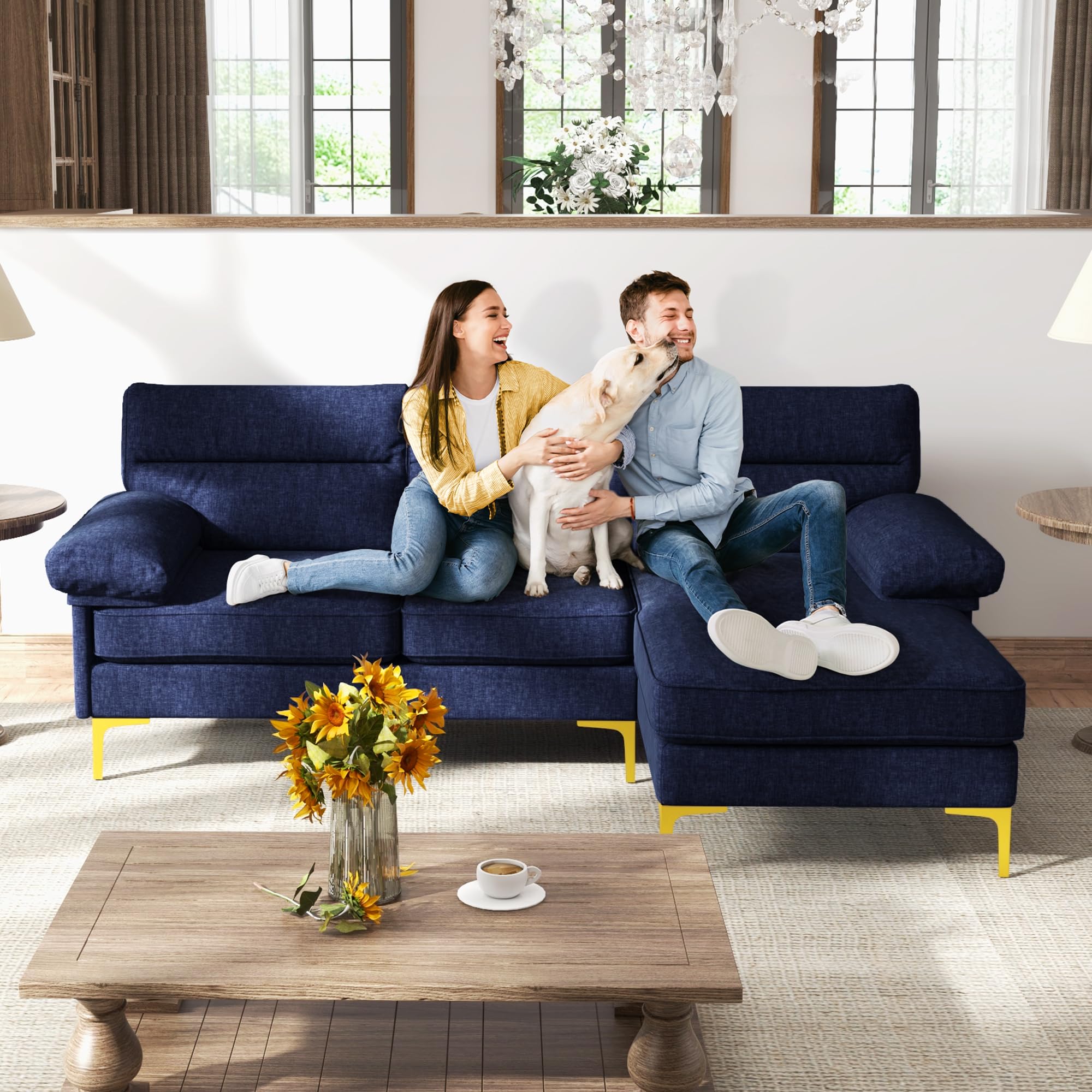 Sectional Couches for Living Room, Modern Chenille Convertible Sofa Bed L-Shaped Couch 3 Seats Sofas with Reversible Wide Chaise & Fluffy Armrests for Small Apartment Compact Spaces Dark Blue