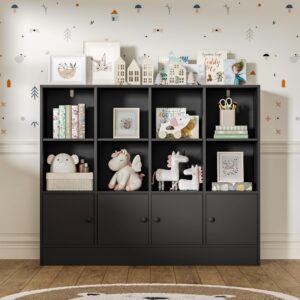 DIYART Black Bookshelf, Wood Bookcase with 3 Tier Shelves, 12 Cube Storage Organizer with Doors for Bedroom, Living Room, 47.8" W x 39.1" H