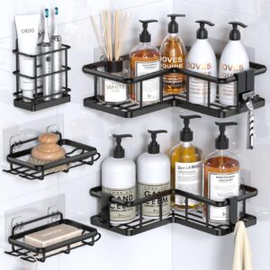 yasonic 5-pack corner shower caddy, corner shower shelves with 12 hooks, rustproof shower shelf for inside shower, no drilling shower corner shelf, bathroom shower organizer corner, black