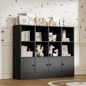 DIYART Black Bookshelf, Wood Bookcase with 3 Tier Shelves, 12 Cube Storage Organizer with Doors for Bedroom, Living Room, 47.8" W x 39.1" H