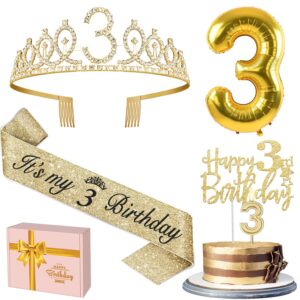 3rd birthday decorations for girls, including 3rd birthday sash and tiara, cake topper and candle 3, number 3 balloon gold, 3 birthday gifts for girls, 3 birthday party decorations (gold)