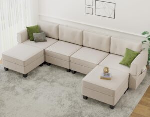 ayeasy modular sectional sofa, convertible sectional couches for living room u shaped sectional sofa couch with storage ottoman, high supportive 6 seats reversible sectionals 113'' with chaise, beige