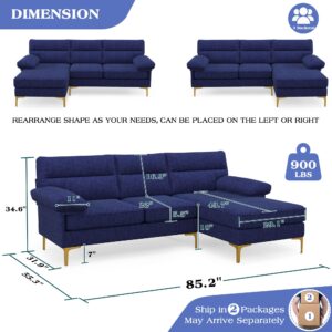 Sectional Couches for Living Room, Modern Chenille Convertible Sofa Bed L-Shaped Couch 3 Seats Sofas with Reversible Wide Chaise & Fluffy Armrests for Small Apartment Compact Spaces Dark Blue