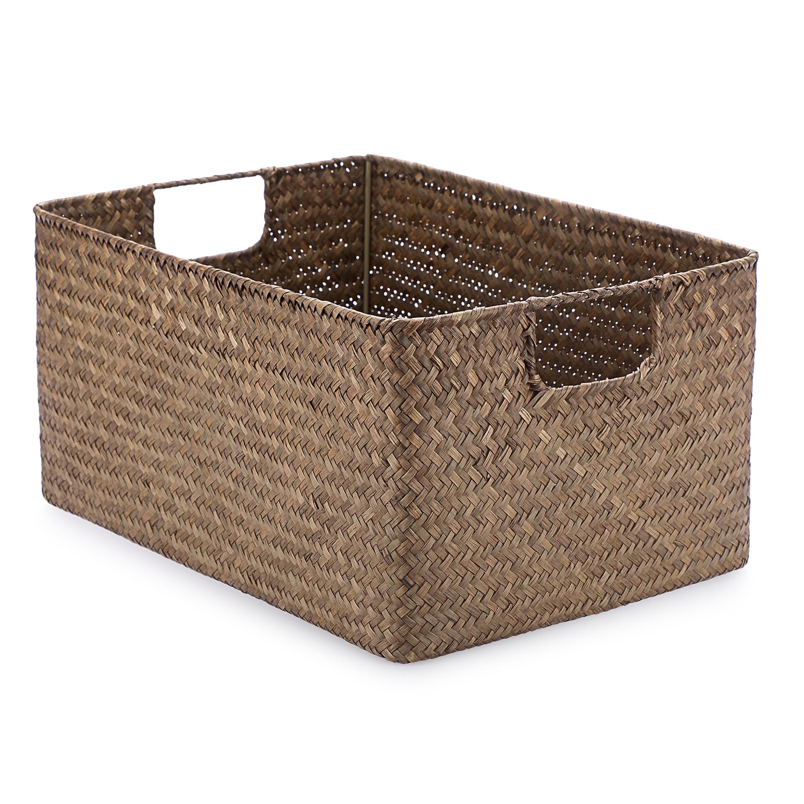 GUSHBIN Seagrass Basket Storage Box for Organizing HandWoven Wicker Storage Bin Cubes Opened Basket Bin with Handles Rectangular Wicker Basket for Shelves Storage,13.4"x9.4"x6.7"