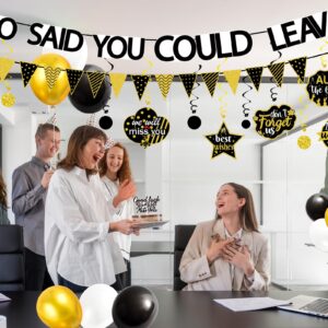 Black and Gold Goodbye Party Decorations - Farewell Decor Balloons + "Who Said You Could Leave" Banner + Hanging Swirls + Cupcake Topper Going Away Supplies