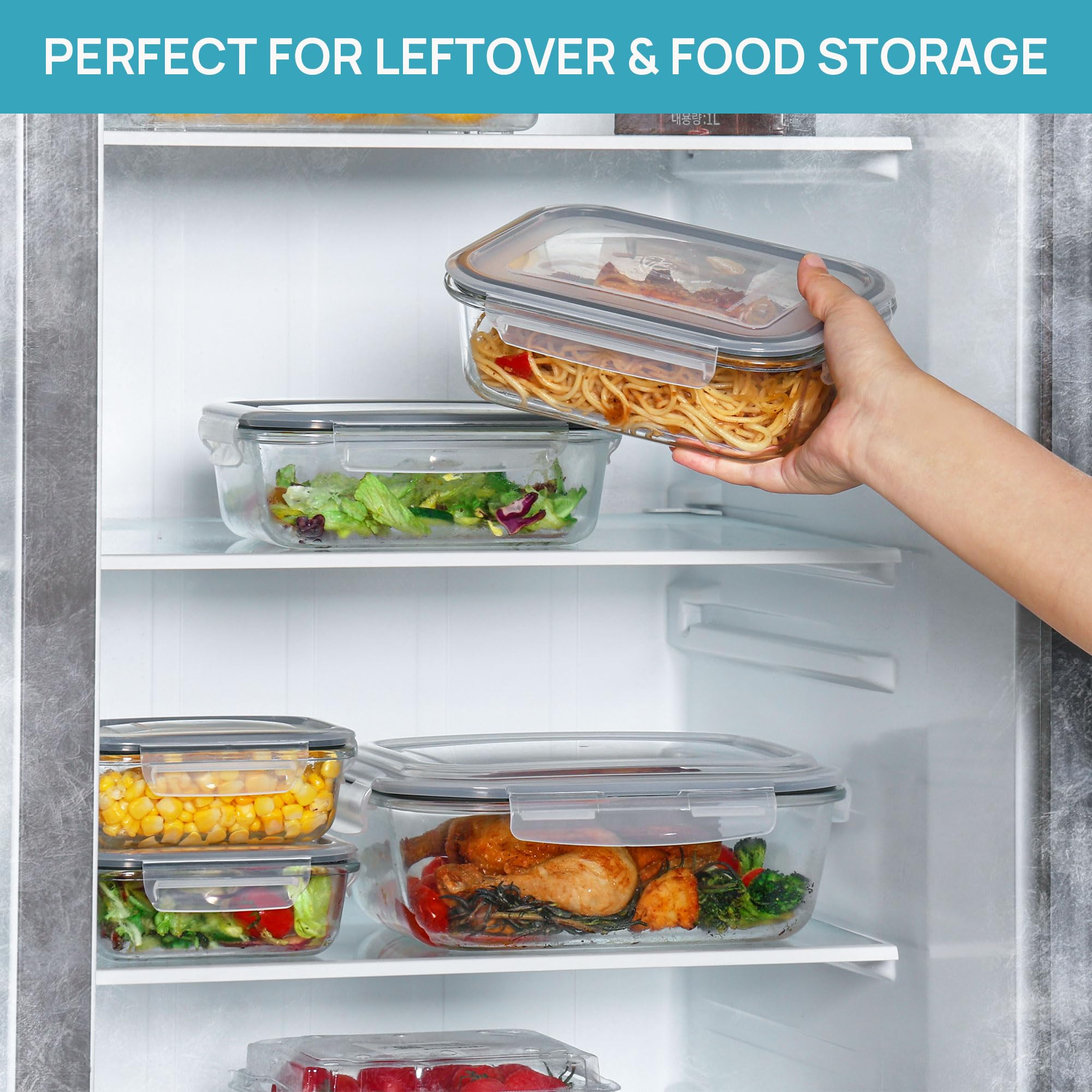 Vtopmart 2.26L/76oz Extra Large Glass Food Storage Containers with Lids, 6 pack Meal Prep Container Set, Airtight Container Bento Boxes with Snap Locking Lids for Microwave, Oven, Freezer, Dishwasher