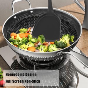 BigNoseDeer Wok Pan With lid Hybrid Nonstick 12.5Inch Honeycomb work With Handle Woks & Stir-Fry Pans Nonstick PFOA Free Cookware Suitable for Induction Ceramic Electric and Gas Cooktops