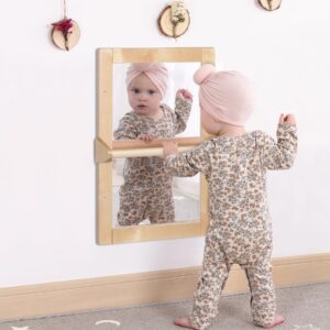 KRAND Baby Montessori Wooden Frame Non-Shatter Safety Mirror w/ 2 Pull Up Bars, Infant Coordination Small Mirror for 6-18 Months (Natural)