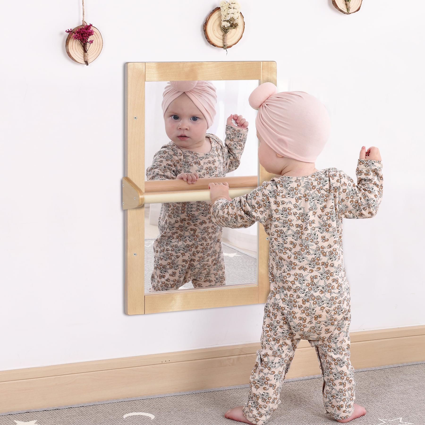 KRAND Baby Montessori Wooden Frame Non-Shatter Safety Mirror w/ 2 Pull Up Bars, Infant Coordination Small Mirror for 6-18 Months (Natural)