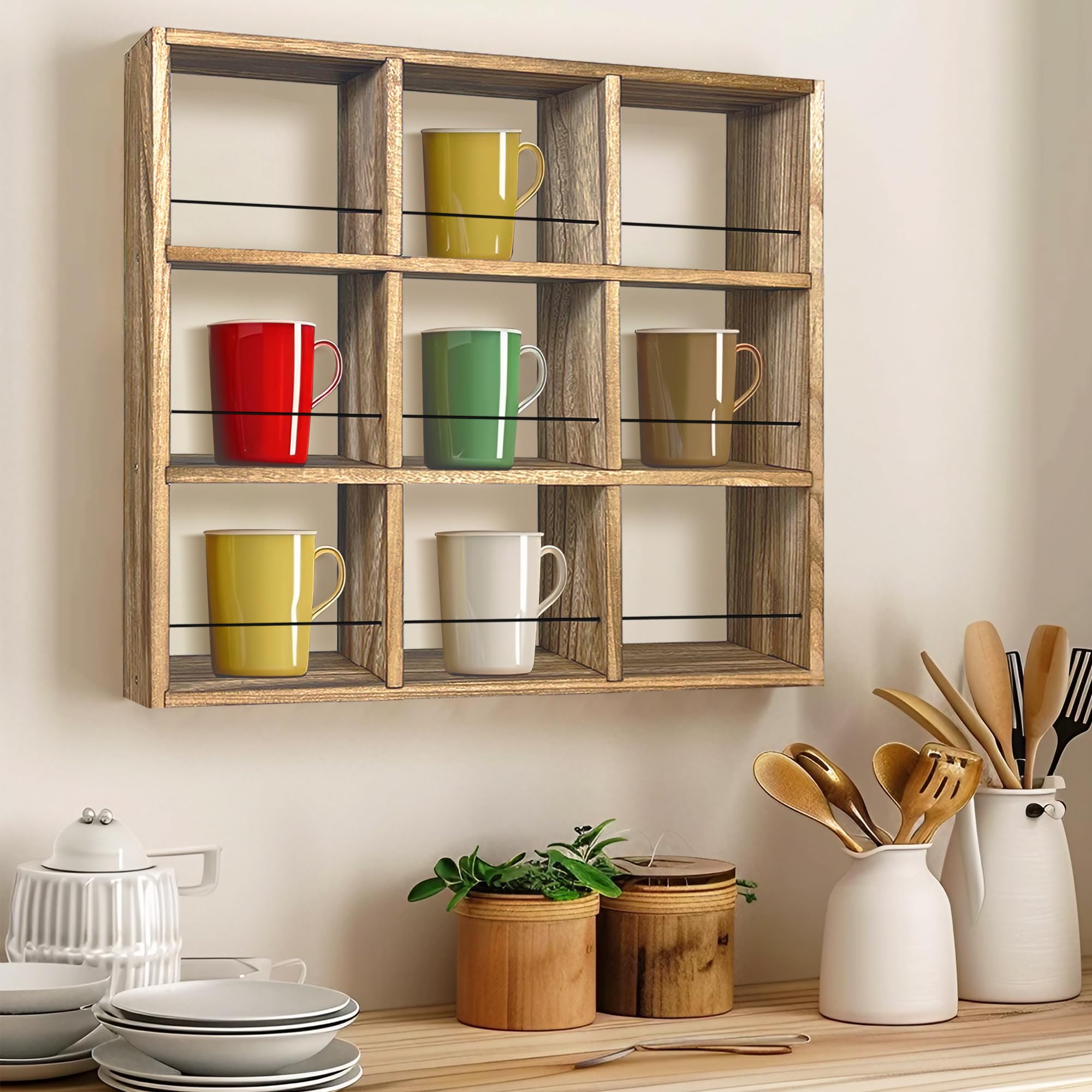 Mug Rack, Mug Rack Wall Mounted, Coffee Mug Organizer for Kitchen, Coffee Bar, Wooden, 9/16/25 Compartments (9 Compartments)