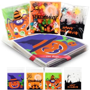 sainyarh 100 pcs halloween treat bags 4'' x 4'' halloween cellophane bags, trick or treat candy goodie bags for holiday halloween party favors supplies