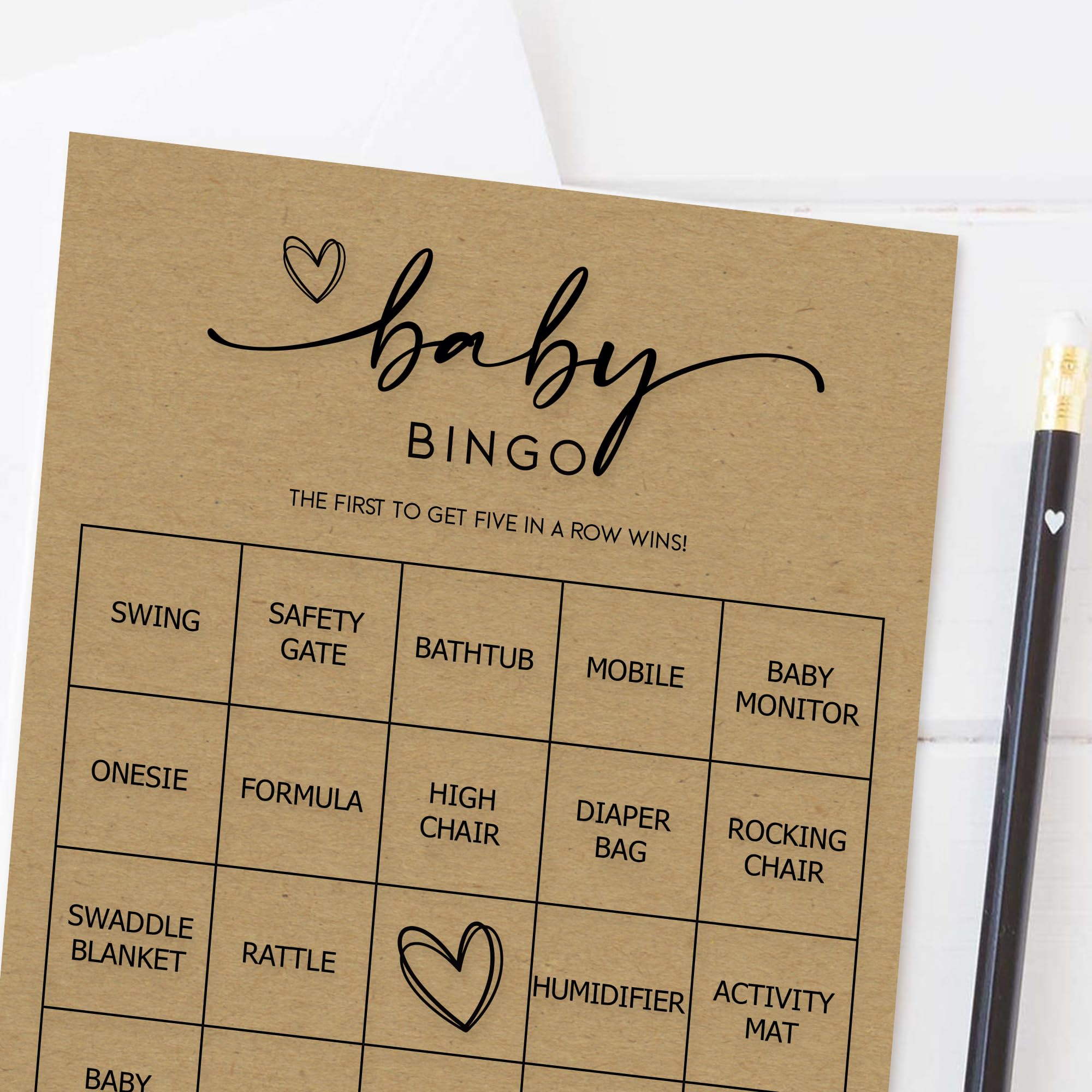 Baby Bingo Game (50 Unique Cards) Kraft Pre-Filled Fun Baby Shower Game Activity, Preforated Calling Cards, Gender Neutral Boy or Girl, Minimalist