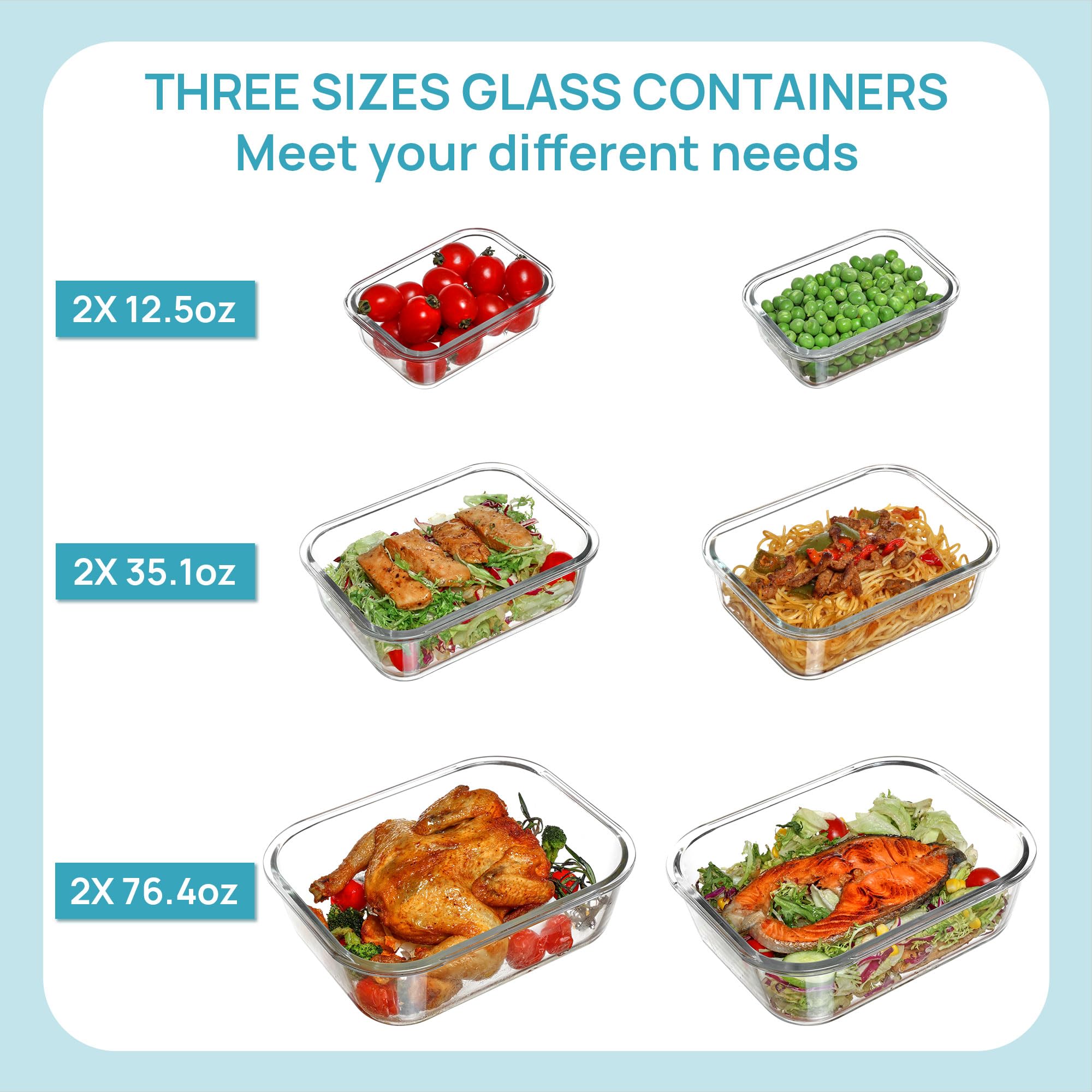 Vtopmart 2.26L/76oz Extra Large Glass Food Storage Containers with Lids, 6 pack Meal Prep Container Set, Airtight Container Bento Boxes with Snap Locking Lids for Microwave, Oven, Freezer, Dishwasher