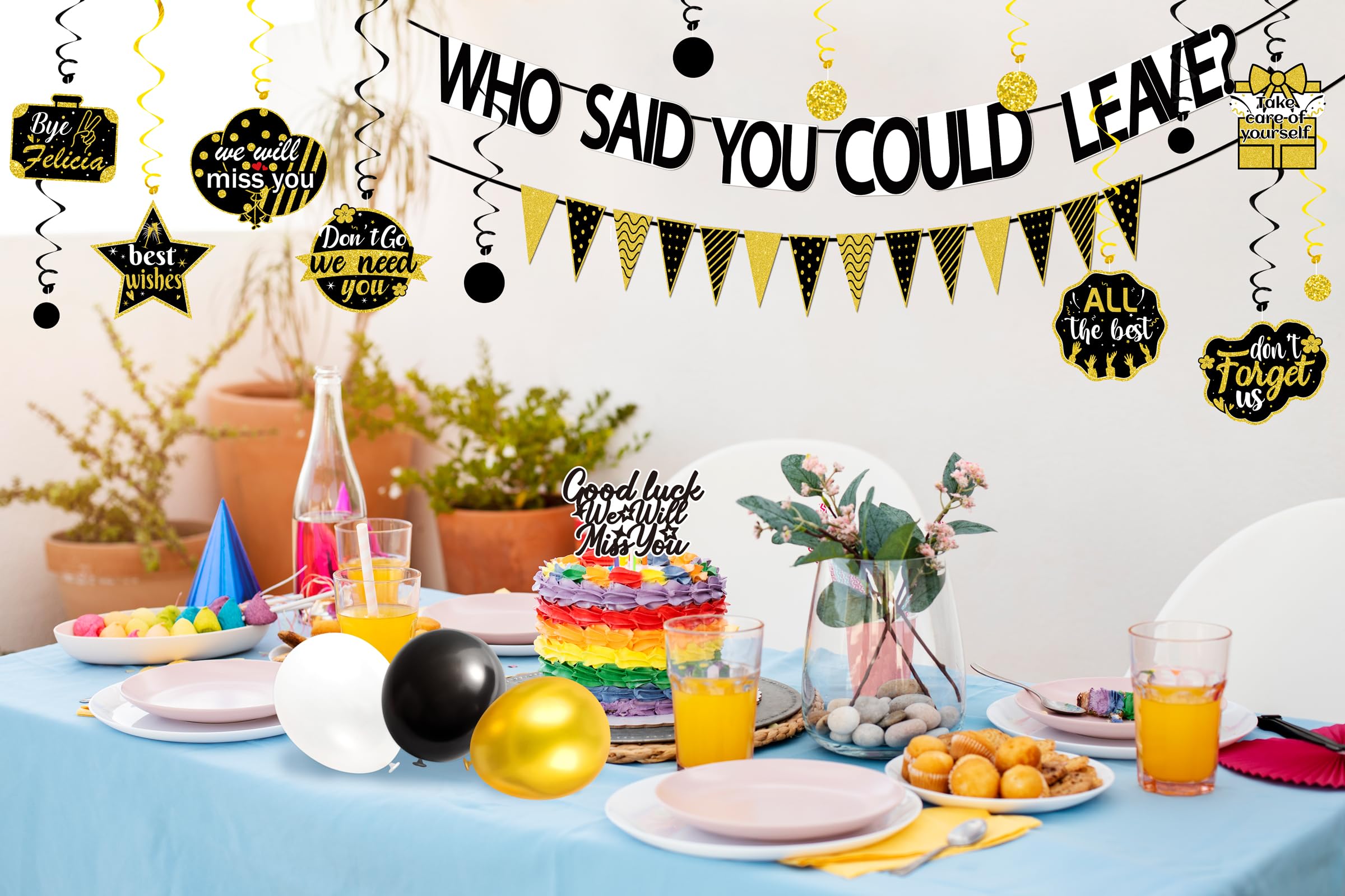 Black and Gold Goodbye Party Decorations - Farewell Decor Balloons + "Who Said You Could Leave" Banner + Hanging Swirls + Cupcake Topper Going Away Supplies