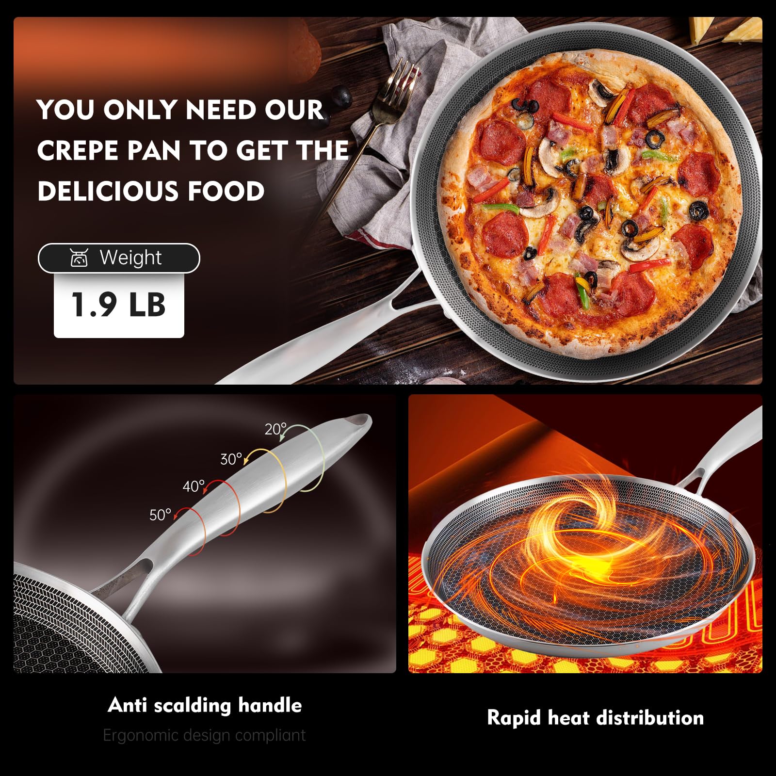 Vegoran Stainless Steel Crepe Pan,11 inch Nonstick Crepe Pan, Coating Flat Skillet Pancake Pan, Non Stick Honeycom Pizza Tawa Dosa Tortilla Griddle Pan, Induction Compatible, PFOA Free (11 Inch)