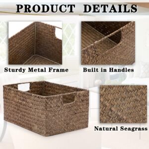 GUSHBIN Seagrass Basket Storage Box for Organizing HandWoven Wicker Storage Bin Cubes Opened Basket Bin with Handles Rectangular Wicker Basket for Shelves Storage,13.4"x9.4"x6.7"