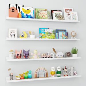 axeman white floating shelves for wall | picture ledge shelf set of 4 | 48 inch picture shelf for wall with ledge | floating shelves with lip photo ledge shelves display shelves nursery book shelves