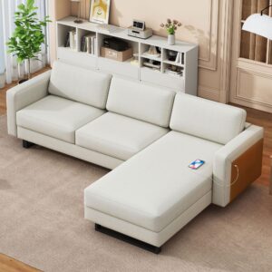 olodumare convertible sectional sofa, l shaped couch with reversible chaise for small space, 3 seat sofa with usb port, linen fabric, for living room, office, apartment, beige