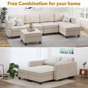 AYEASY 113'' Modular Sectional Sofa, Convertible Sectional Couches for Living Room U Shaped Sectional Sofa Couch with Storage Ottoman, High Supportive 6 Seats Reversible Sectionals with Chaise, Beige