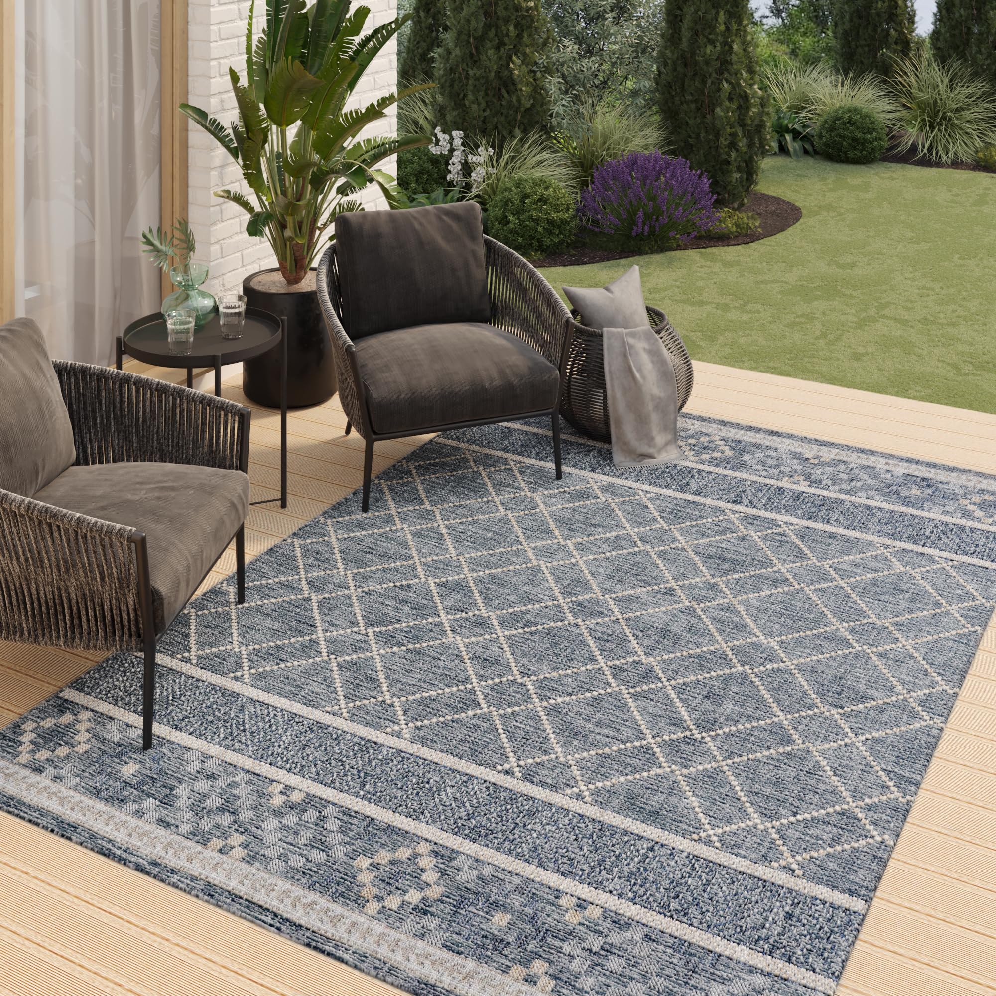 TAPISO Melissa Area Rug 4x6 ft - Indoor Outdoor, Geometric Stripes, Non-Shedding, Easy-Cleaning, Durable Carpet for Patio, Terrace, Living Room, Bedroom, Kitchen, Blue Beige (120x180 cm)