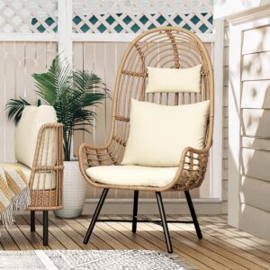 YITAHOME Outdoor Narrow Egg Chair, Patio Wicker Basket Chair with 370lbs Capacity Indoor Egg Chairs with Stand & Cushion Cocoon Chair for Bedroom, Patio, Balcony (Beige)