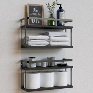 richer house floating shelves bathroom, black wall shelves above toilet, bathroom shelves wall mounted, rustic wood hanging shelves for bedroom, kitchen, living room, bathroom decor storage - black