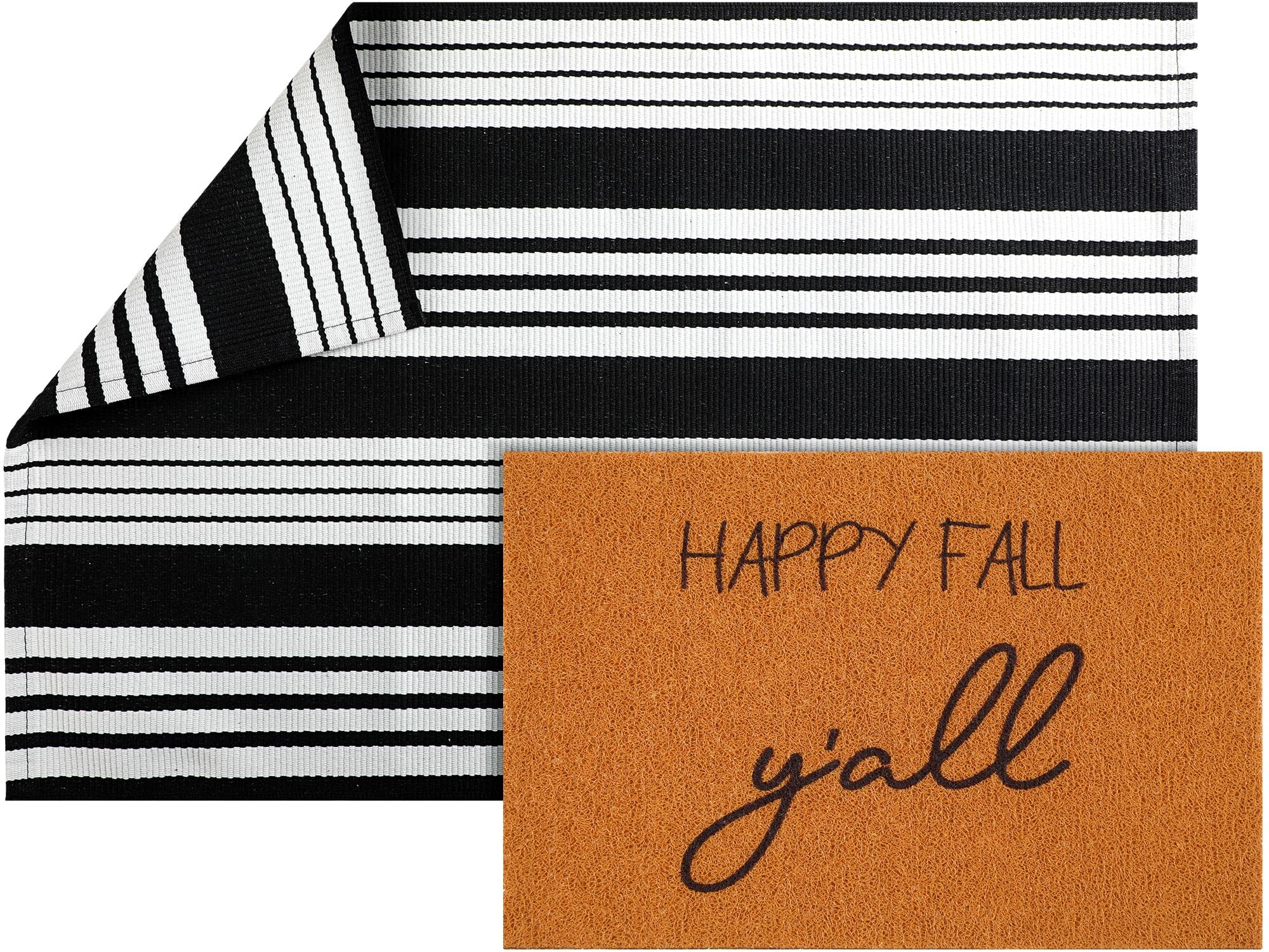 Tinideya 2 Pcs Fall Front Door Welcome Doormat Set Includes 24 x 35 Black and White Striped Mat 16 x 24 Welcome Mat Coir Door Mat Autumn Doormat Washable for Outdoor Indoor Entrance(Happy Fall)