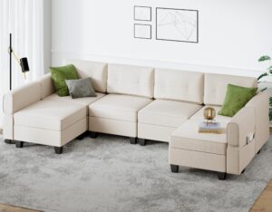 ayeasy 113'' modular sectional sofa, convertible sectional couches for living room u shaped sectional sofa couch with storage ottoman, high supportive 6 seats reversible sectionals with chaise, beige