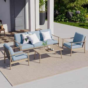 HAPPATIO Patio Outdoor Furniture Set - 4 Piece Aluminum Patio Conversation Set with 1 Coffee Table, 2 Armchairs and 1 Three-Seater Sofa, Aluminum Outdoor Furniture Set for Backyard Poolside(Brown)