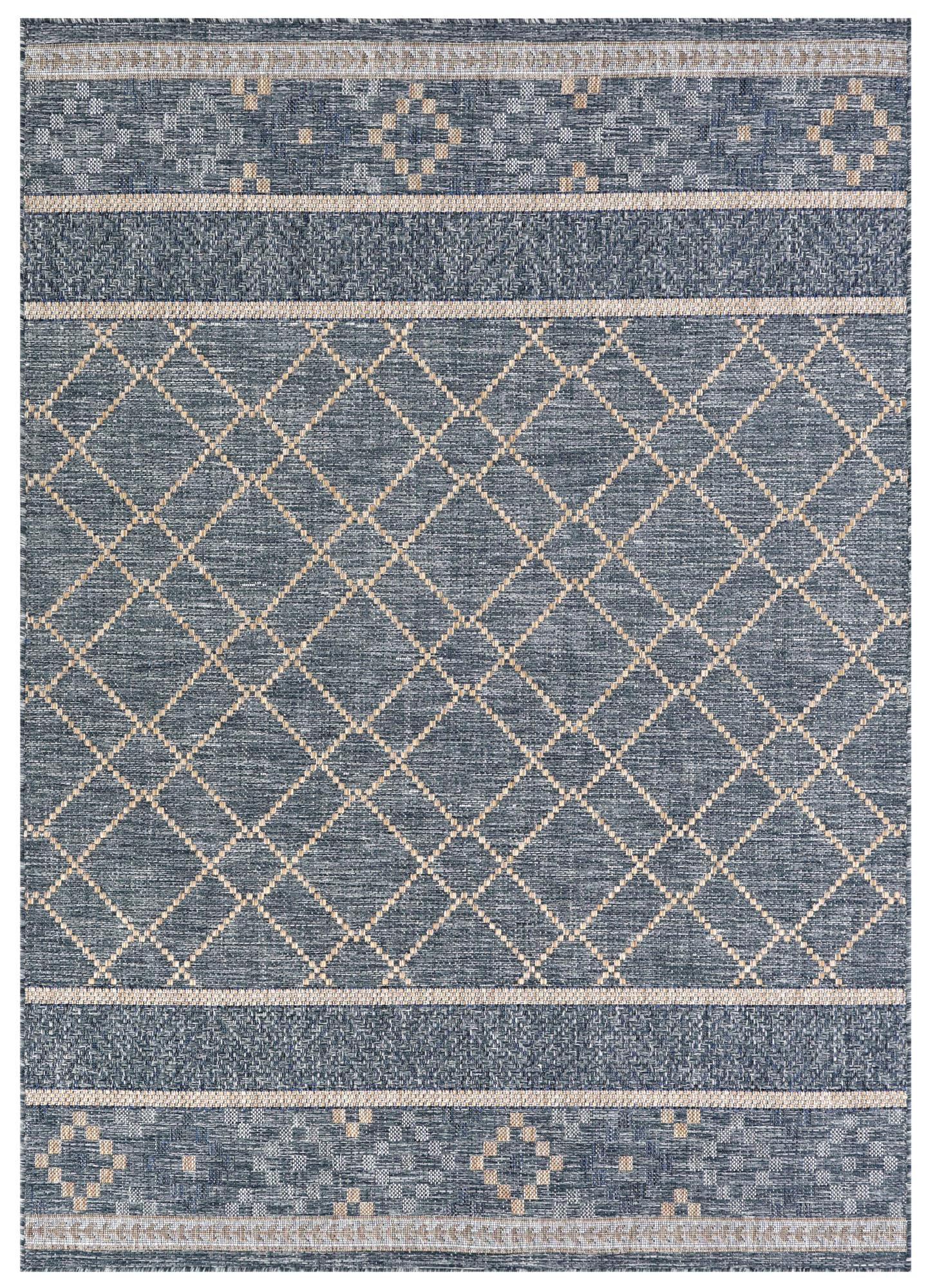 TAPISO Melissa Area Rug 4x6 ft - Indoor Outdoor, Geometric Stripes, Non-Shedding, Easy-Cleaning, Durable Carpet for Patio, Terrace, Living Room, Bedroom, Kitchen, Blue Beige (120x180 cm)