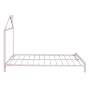 Bellemave Metal Full Bed for Kids, Girls Bed with House Shaped Headboard and Chiminey, Low Bed Frame with and Slats,Pink Bed Frame Full Size,No Box Spring Needed, Easy Assembly