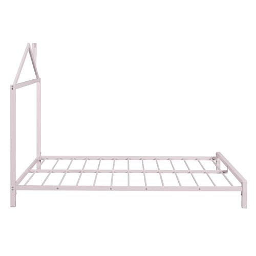 Bellemave Metal Full Bed for Kids, Girls Bed with House Shaped Headboard and Chiminey, Low Bed Frame with and Slats,Pink Bed Frame Full Size,No Box Spring Needed, Easy Assembly