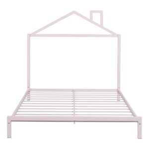 Bellemave Metal Full Bed for Kids, Girls Bed with House Shaped Headboard and Chiminey, Low Bed Frame with and Slats,Pink Bed Frame Full Size,No Box Spring Needed, Easy Assembly