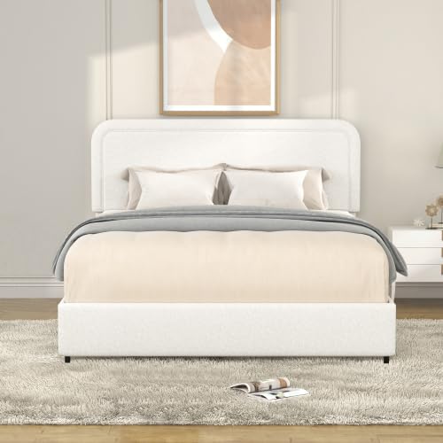 Dolonm Queen Size Upholstered Bed Frame, Platform Bed with Patented 2 Drawers Storage and Headboard, Mattress Foundation with Wooden Slats Support, Ivory Boucle