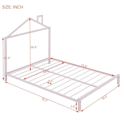 Bellemave Metal Full Bed for Kids, Girls Bed with House Shaped Headboard and Chiminey, Low Bed Frame with and Slats,Pink Bed Frame Full Size,No Box Spring Needed, Easy Assembly