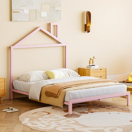 Bellemave Metal Full Bed for Kids, Girls Bed with House Shaped Headboard and Chiminey, Low Bed Frame with and Slats,Pink Bed Frame Full Size,No Box Spring Needed, Easy Assembly