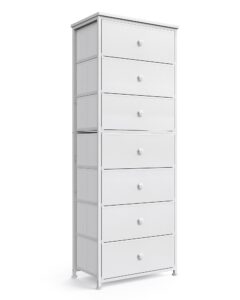 tall fabric dresser for bedroom, vertical storage organizer tower with 7 drawers, chest of drawers with bins, steel frame, wood top for bedroom, closet, entryway white