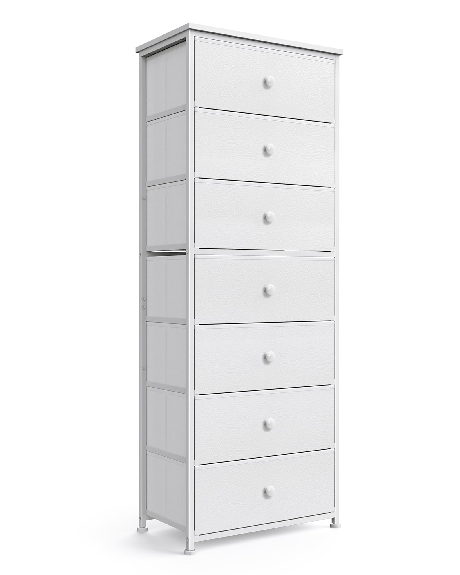 Tall Fabric Dresser for Bedroom, Vertical Storage Organizer Tower with 7 Drawers, Chest of Drawers with Bins, Steel Frame, Wood Top for Bedroom, Closet, Entryway White