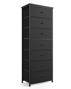 tall fabric dresser for bedroom, vertical storage organizer tower with 7 drawers, chest of drawers with bins, steel frame, wood top for bedroom, closet, entryway black