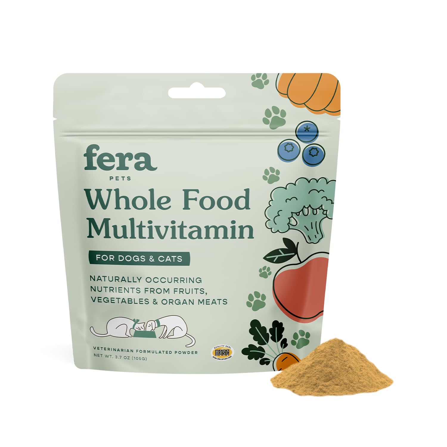 Fera Pet Organics Whole Food Multivitamin Cat and Dog Food Topper - Vet Created Cat & Dog Vitamins Plus Minerals, Micronutrients, Prebiotics and Probiotics – Powder Supplement - 3.7oz