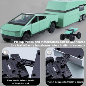 1/32 Diecast Pickup Trailer RV Model Toy Truck with Beach Motorcycle, Alloy Metal Pickup Truck Model Diecast Vehicles with Sound Light Pull Back, Birthday Gifts for Boys Adults (Green)