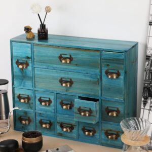 GoooodGift Apothecary Drawers Card Catalog Cabinet with 14 Drawers Wooden Card Catalog Wooden Storage Box for Desktop Organizer (Blue)