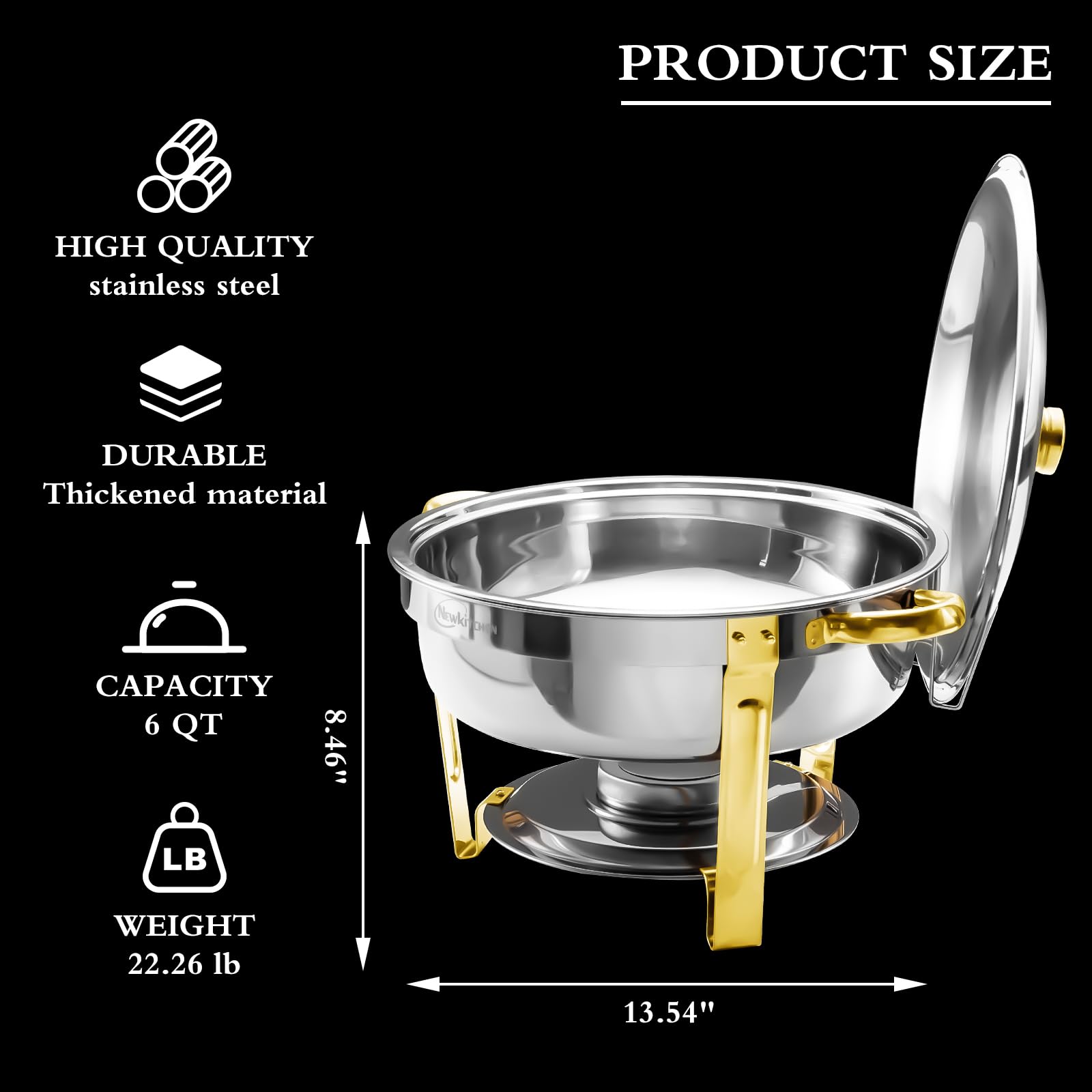 Chafing Dishes for Buffet 4 Pack, 6QT Round Chafing Dishes for Buffet [Elegant Gold and Silver Colors] Stainless Steel Chafing Dish Buffet Set for Any Party