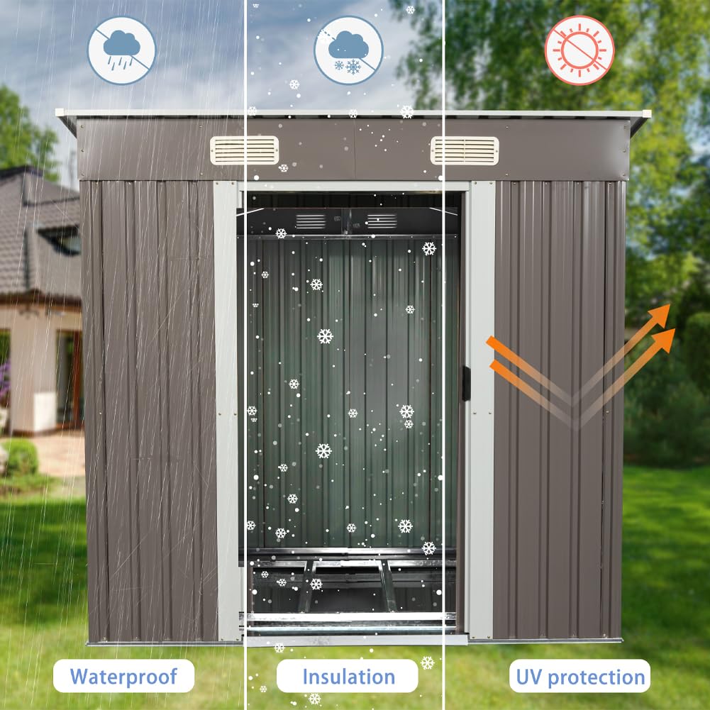 CuisinSmart Flat top Flat top Outdoor Storage Shed Waterproof,6x4 Ft Metal Garden Shed for Bike,Trash Can,Machine,Galvanized Steel Outdoor Storage Cabinet,Tool Storage for Garden,Patio,Backyard