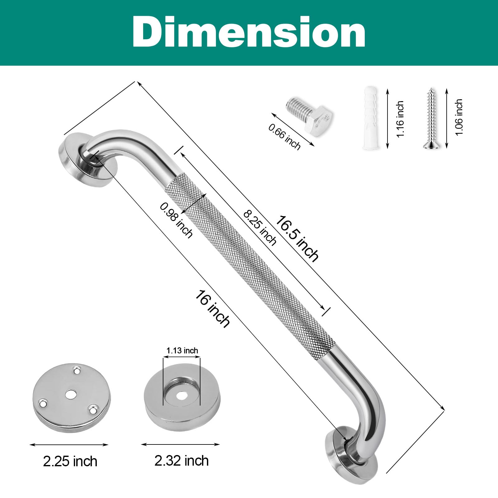 2 Pack 16 Inch Grab Bars for Bathtubs and Showers, Safety Bathroom Shower Grab Bars for Seniors Holds up to 500LBs, Handicap Grab Bars Stainless Steel, Anti Slip Shower Handle for Wall, Elderly