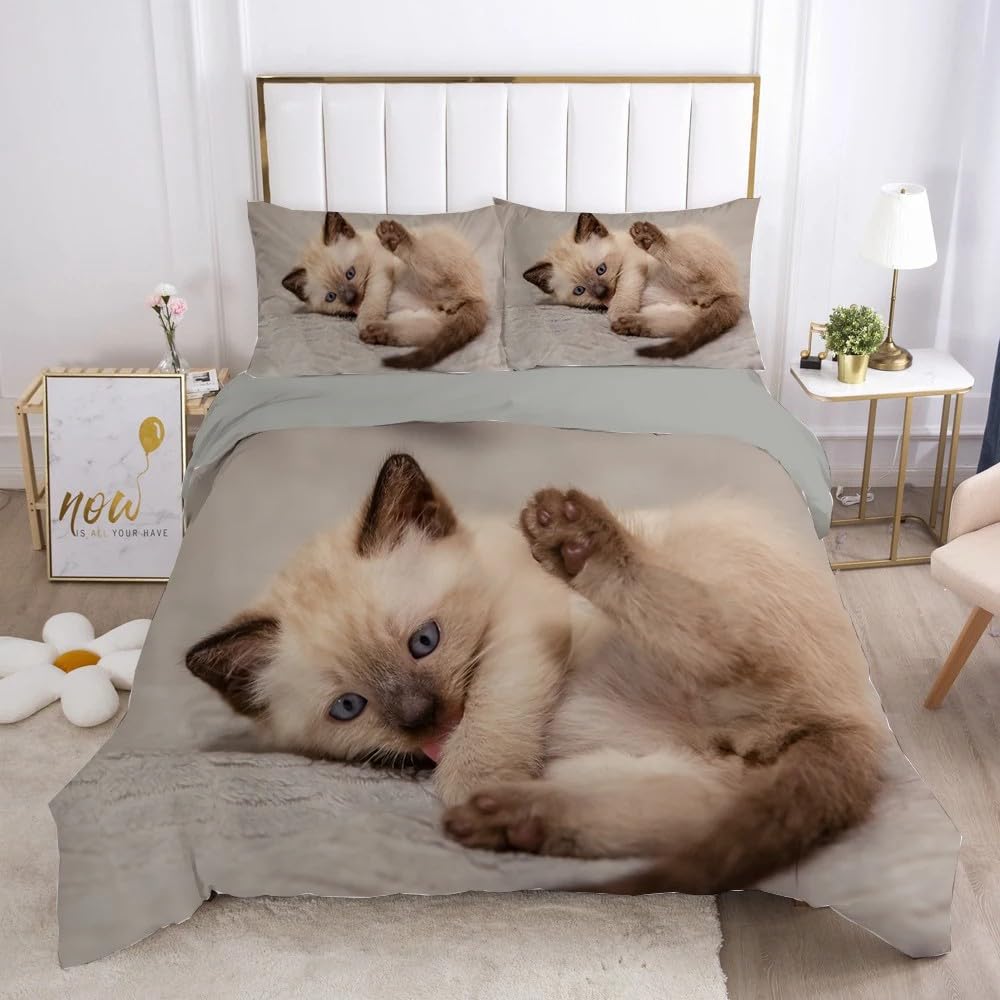 EXSANLIEAY Animal Duvet Cover King Siamese Cat King Bedding Set 3 Pcs Washed Microfiber, Comforter Cover 104"x90" with 2 Pillow Sham 20"x36", Breathable 3D Printing for Kids Teens Adult