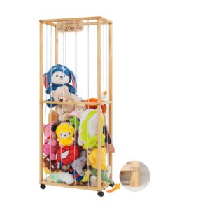 ear&ear stuffed animal zoo storage, wood extra large stuffed animal storage basket, stuffed animal organizer, girls boys toy organizer holder(comes with pulleys/wooden base)