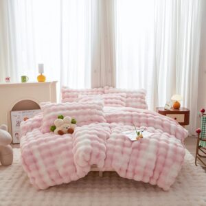 chovy kids girls rabbit plush pink white comforter sets twin/full - 3pc faux fur bed set skin friendly soft warm velvet flannel fluffy fuzzy bedding（comforter x 1 pillowcases x 2）