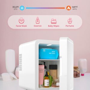 Oterbear 4L Mini Skincare Fridge, Makeup Fridge with Dimmable LED Light Mirror, Cooler and Warmer, Cosmetic Refrigerator for Bedroom, Office, Dorm and Car, White